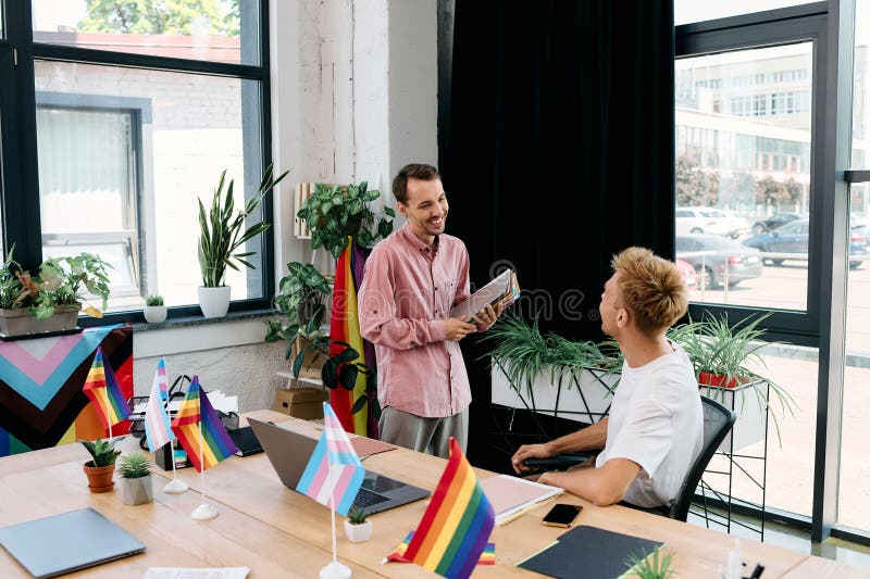 Two Stylish Men Exchange Smiles while Stock Image - Image of creativity ...