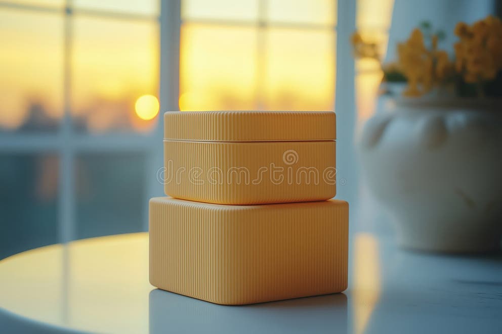 Two Stylish Packaging Boxes Resting on Table at Sunset Stock ...