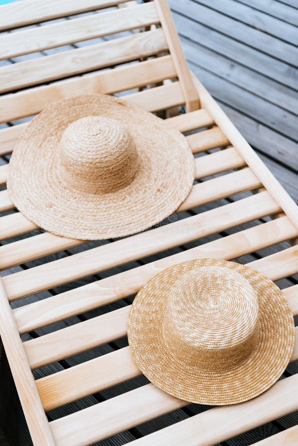 Two Stylish Wicker Hats on Chaise Lounge Stock Image - Image of stylish ...