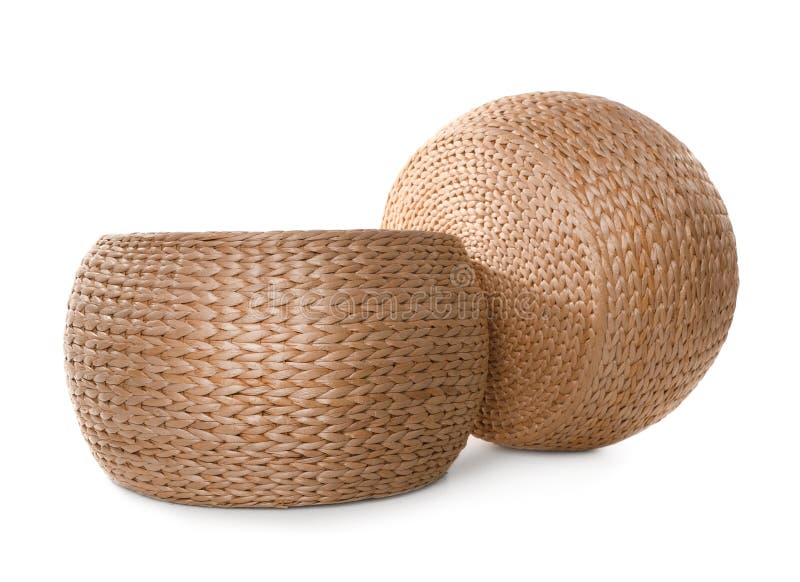 Two Stylish Wicker Poufs on White Background Stock Photo - Image of ...