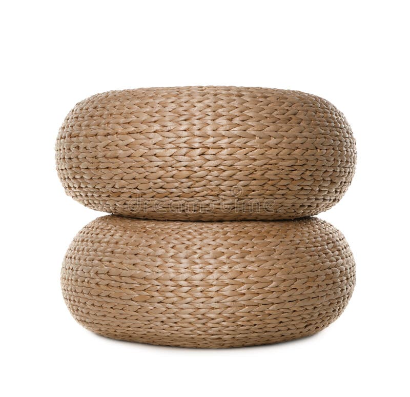 Two Stylish Wicker Poufs on White Background Stock Photo - Image of ...