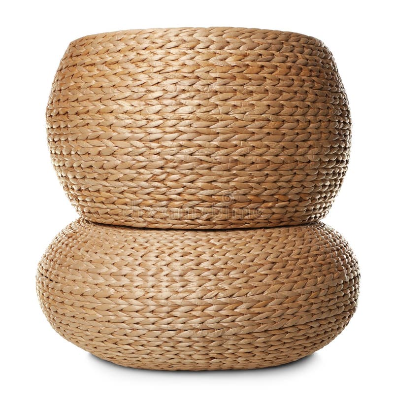 Two Stylish Wicker Poufs on White Background Stock Image - Image of ...