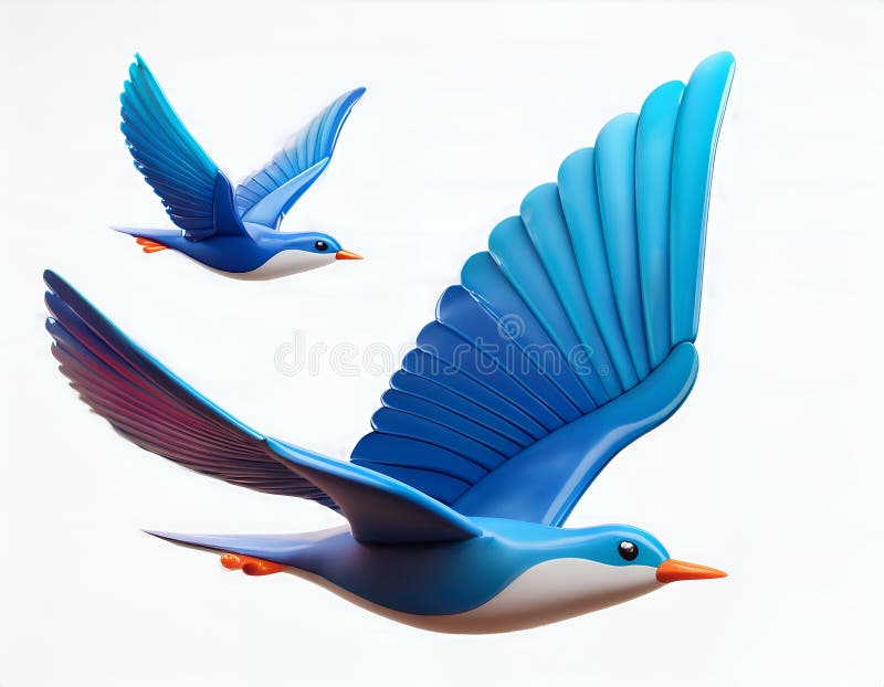 Two Blue Stylized Birds in Flight Against White Background Stock ...
