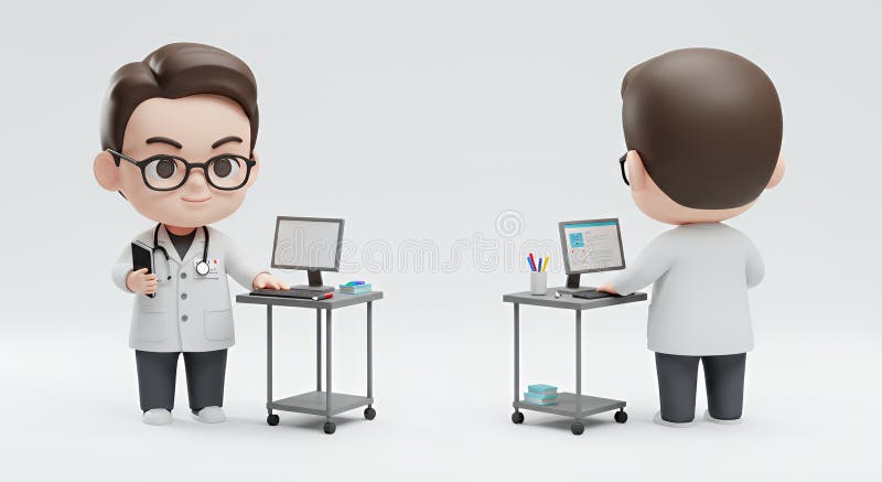 Two Cheerful Cartoon Doctors Working at Computers, 3D Rendered ...