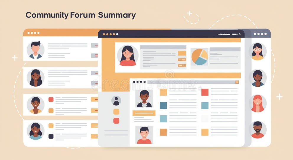 Two Stylized Digital Interface Screens Featuring Community Forum ...