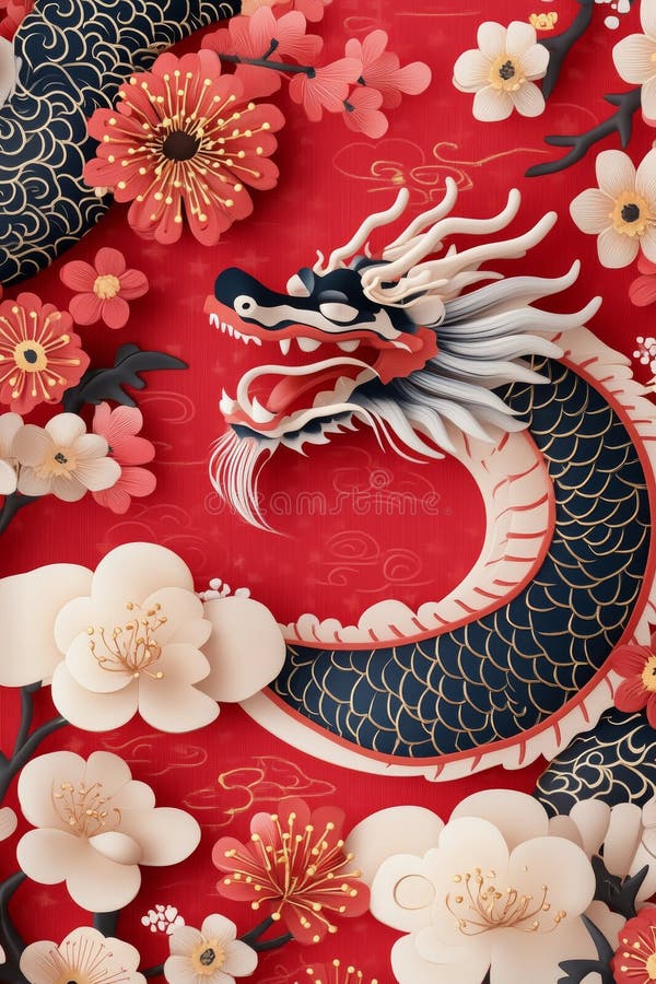 Two Stylized Dragons Playfully Interact Against a Vibrant Red ...
