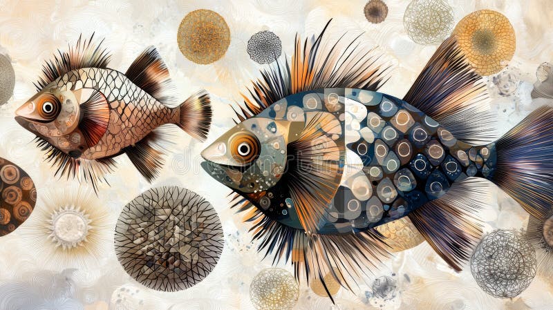 Two Stylized Fish with Intricate Patterns Swim Amongst a Field of ...