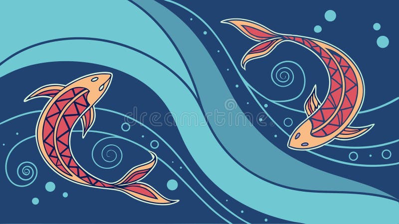 Two Stylized Fish Swimming in Water Waves Vector Design Generative AI ...