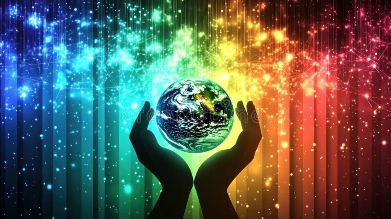 Two Hands Holding the Earth, Surrounded by Shining Connections and ...