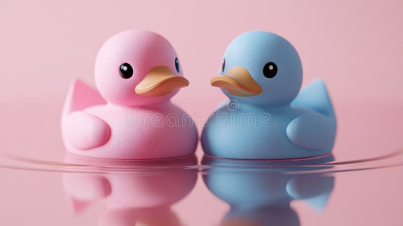 Two Stylized Rubber Ducks, One Pink and One Blue, Floating on ...
