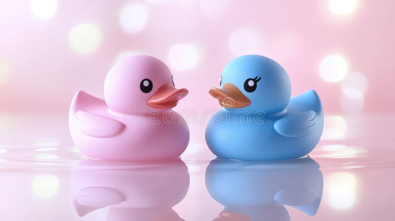 Two Stylized Rubber Ducks, One Pink and One Blue, Floating on ...