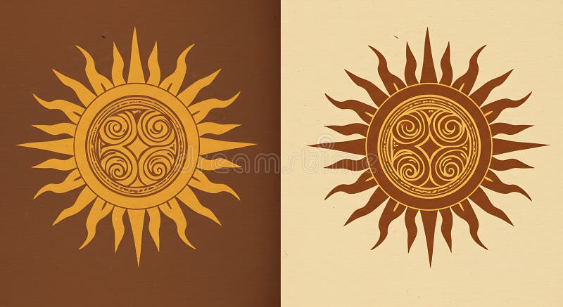Two Stylized Sun Designs Featuring Swirling Patterns and Radiating ...