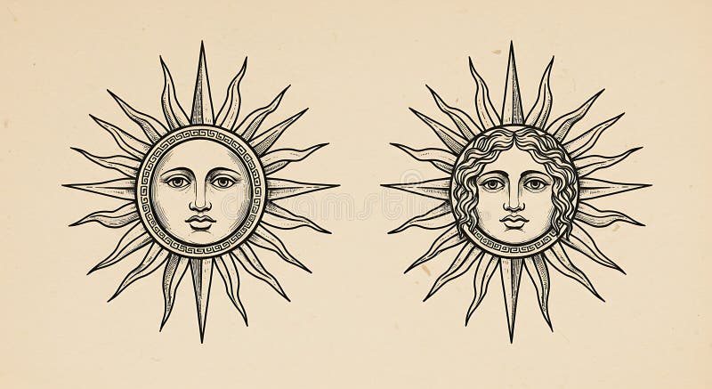 Two Stylized Sun Illustrations with Human Faces Set in the Center. Both ...