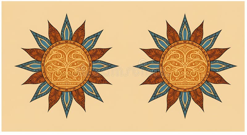 Two Stylized Suns are Depicted, Each with Intricate, Swirling Patterns ...