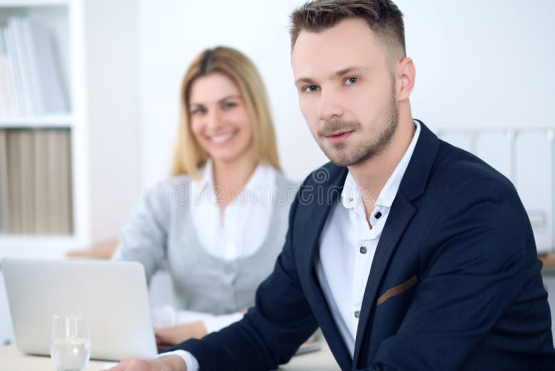 Two Successful Business Partners Working at Meeting in Office Stock ...