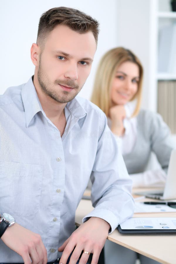 Two Successful Business Partners Working at Meeting in Office Stock ...