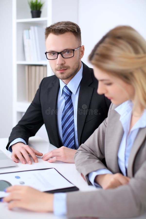 Two Successful Business Partners Working at Meeting in Office Stock ...