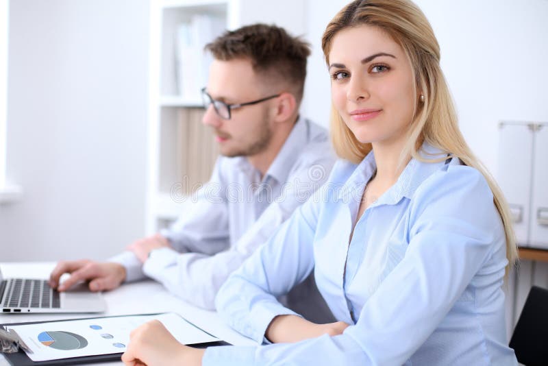 Two Successful Business Partners Working at Meeting in Office Stock ...