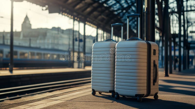 Two Suitcases on a Train Station Platform Stock Illustration ...