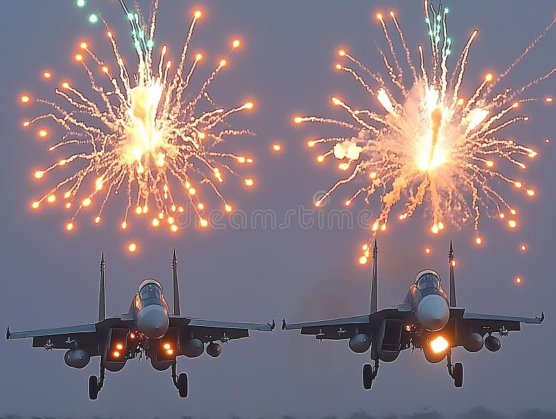 Two Sukhoi Su-35 Fighter Jets Flying with Fireworks Exploding in the ...