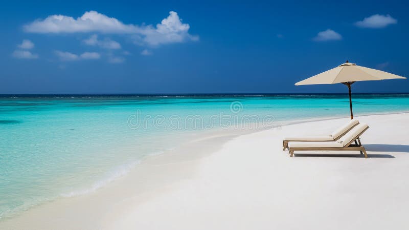 Two Sun Beds and Parasol on a Beautiful Beach Under a Clear Blue Sky ...