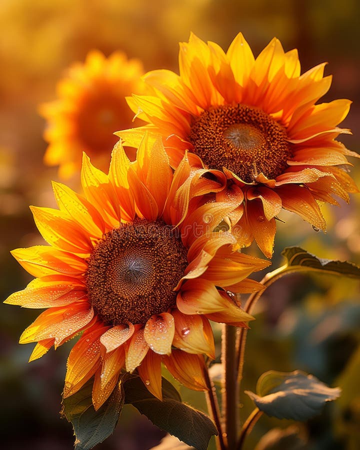 Two Sunflowers in a Field with the Sun Shining on Them Stock ...