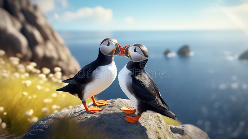 Two Super Cute Puffins Bird Couple in Love. AI Generated Image Stock ...
