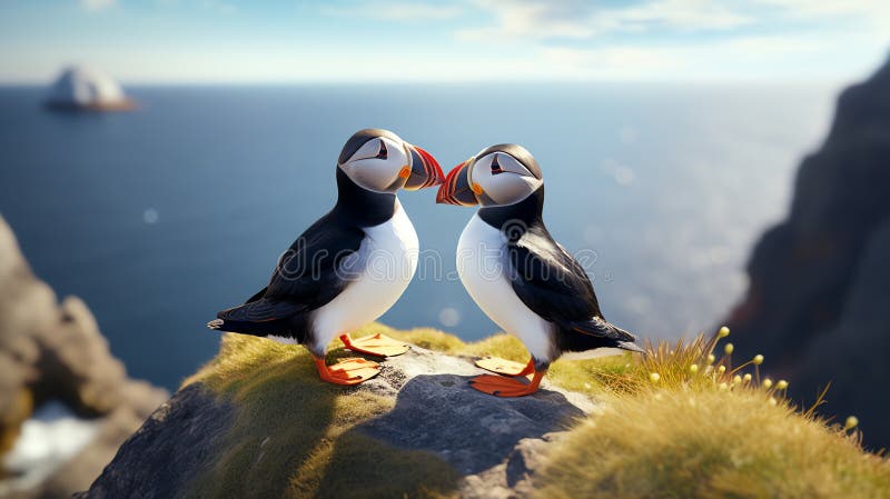 Two Super Cute Puffins Bird Couple in Love. AI Generated Image Stock ...