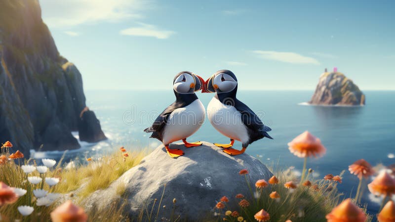 Two Super Cute Puffins Bird Couple in Love. AI Generated Image Stock ...