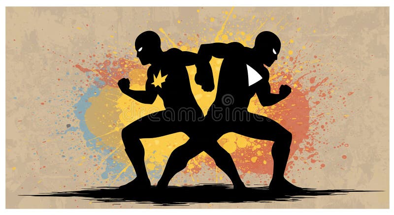Two Superhero Silhouettes Stand Back-to-back in a Dynamic Fighting ...