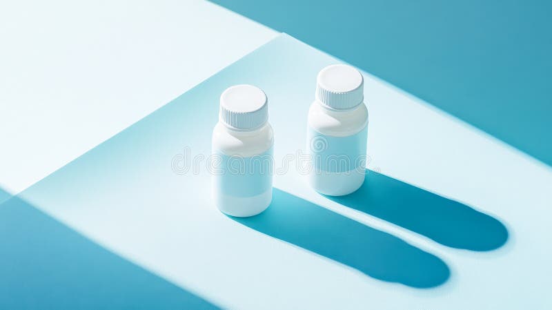 Elegant Display of Two Supplement Bottles on a Smooth Blue Surface with ...