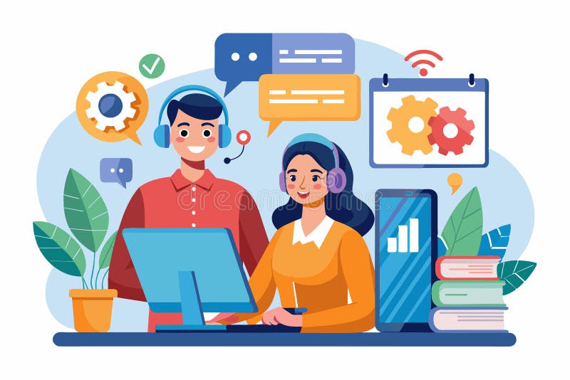 Two Support Agents Assist Customers Using a Computer, with ...