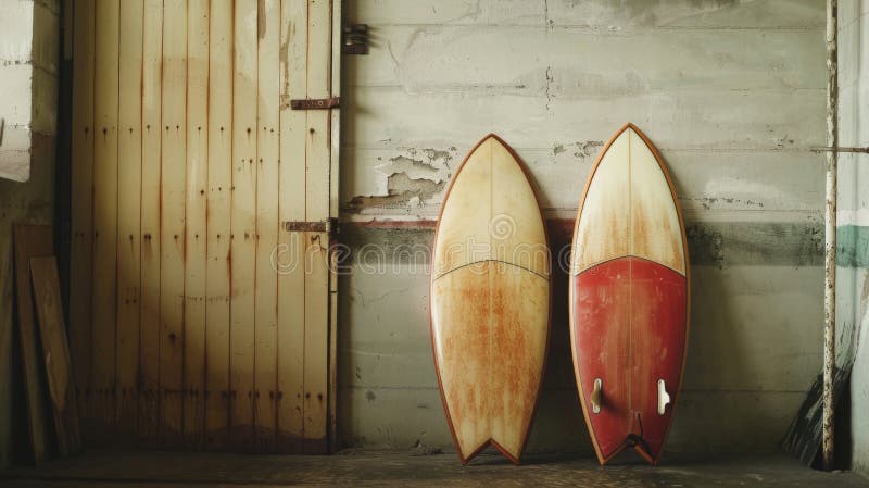 Two Surfboards Leaning Against Wall in Garage Stock Photo - Image of ...