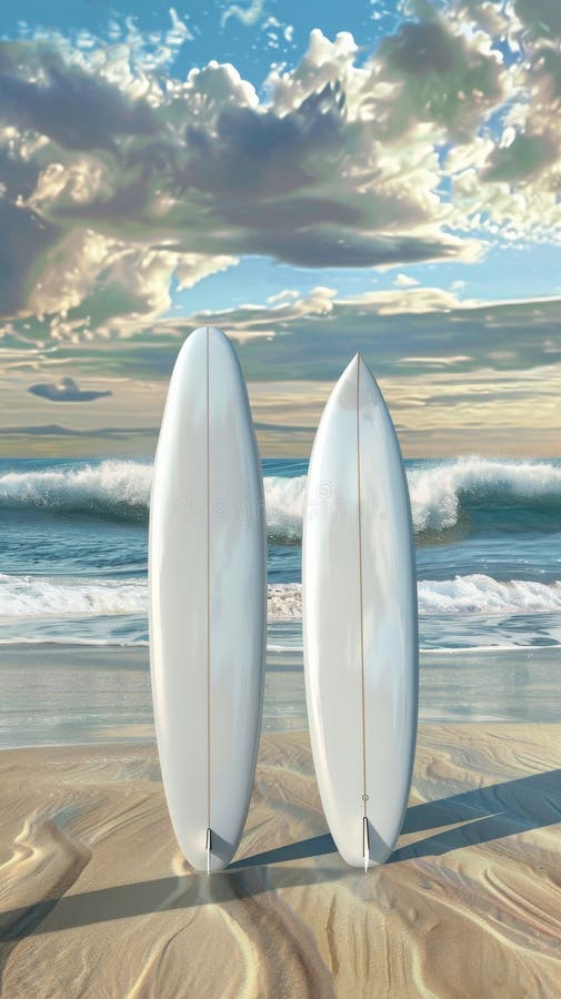 Two Surfboards Standing on a Sandy Beach with Ocean Waves in the ...