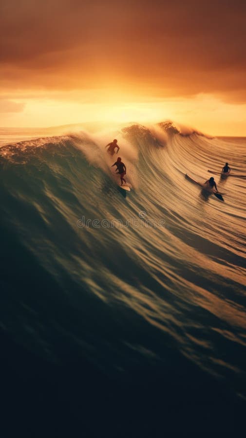 Two Surfers Riding a Wave in the Ocean at Sunset. Generative AI Image ...