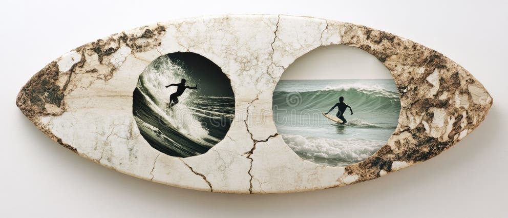 Two Surfers Riding Waves in Unique Surfboard-shaped Frame Stock ...