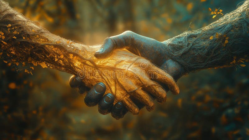 Surreal Handshake between Two Transforming Hands Amidst Vibrant Foliage ...