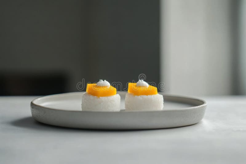 Two Sushi Pieces with Rice and Mango on a Minimalist Plate Stock ...