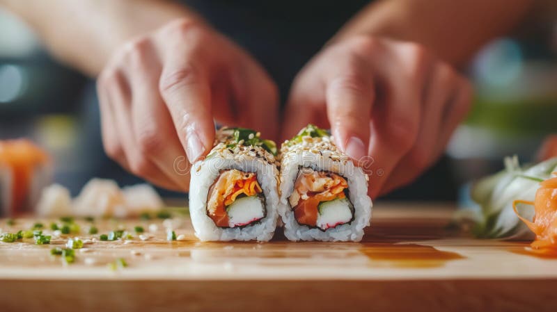 Two Sushi Rolls Held by a Person with Hands Visible the Rolls Feature ...
