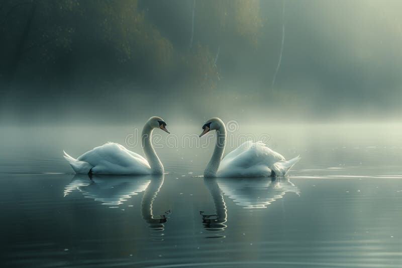 Two Swans Facing Each Other on a Misty Lake at Dawn Stock Photo - Image ...
