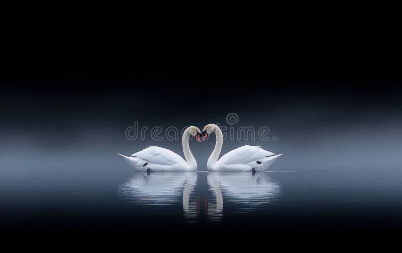 Two Swans Forming Heart Shape on Dark Water Stock Illustration ...