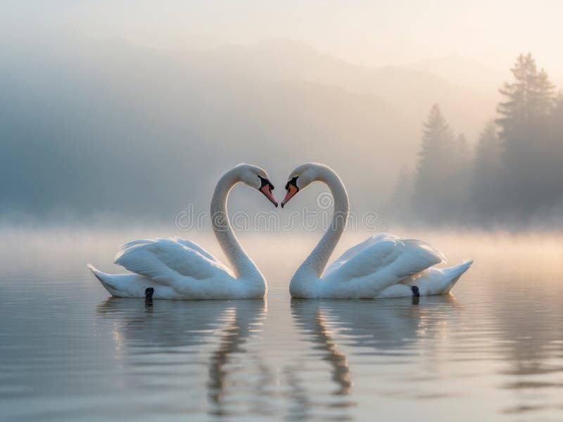 Two Swans Forming Heart Shape at Sunrise Over Misty Lake Stock Photo ...