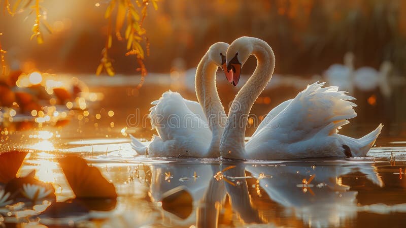Sunset Romance Two Swans Forming Heart Golden Hour Stock Photos - Free ...
