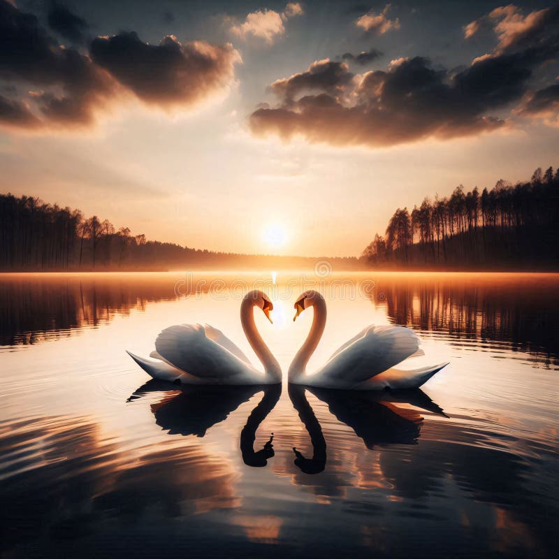 Two Swans on the Lake at Sunset Stock Illustration - Illustration of ...