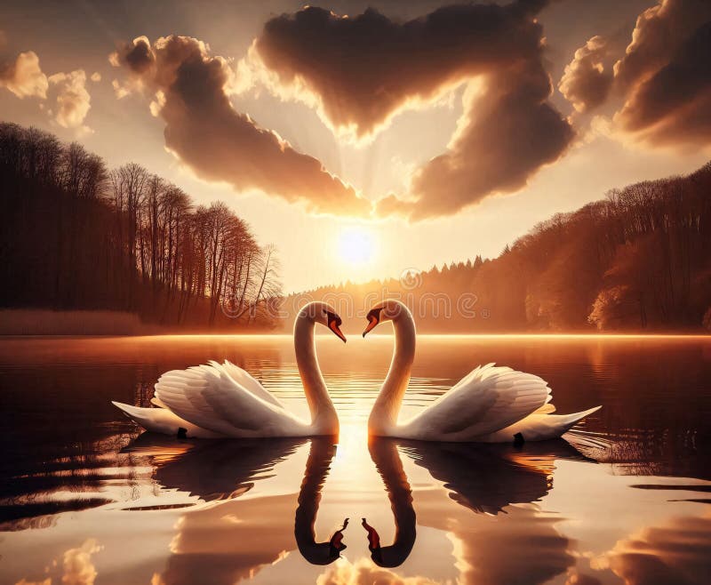 Two Swans on the Lake at Sunset Stock Illustration - Illustration of ...