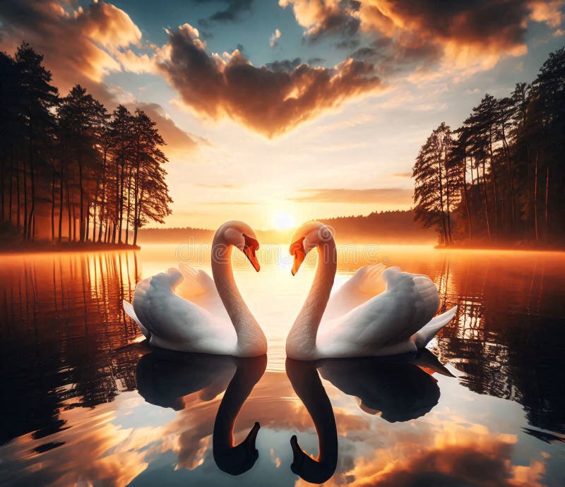 Two Swans on the Lake at Sunset Stock Illustration - Illustration of ...