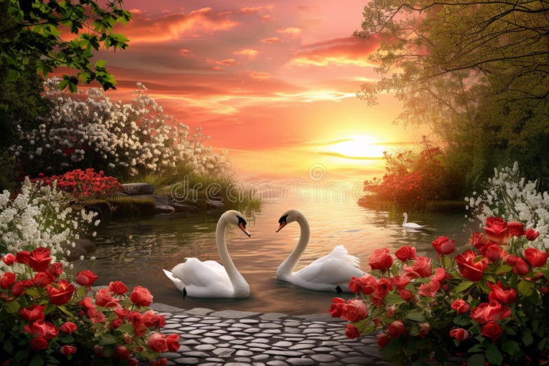 Two Swans on the Lake at Sunset. Romantic Love Concept Stock ...