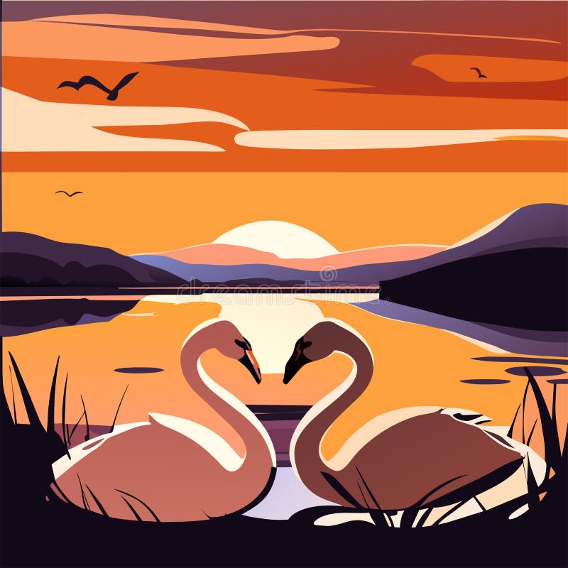 Two Swans on the Lake at Sunset. Vector in Flat Style Generative AI ...