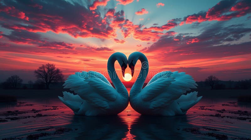 Two Swans Making a Heart Shape, Sunset Landscape Stock Image - Image of ...