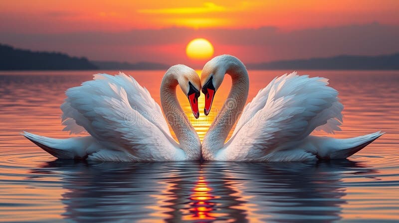 Two Swans Making a Heart Shape, Sunset Landscape Stock Photo - Image of ...